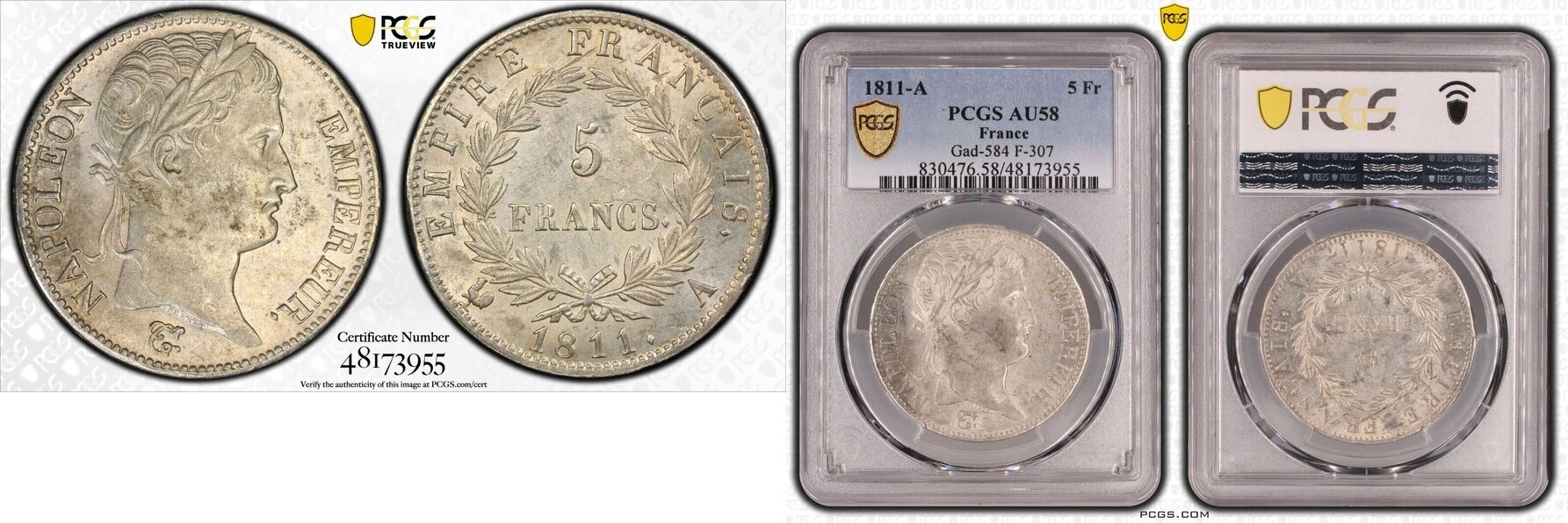 France 5 Francs 1811 Napoléon Empereur Paris PCGS AU58 Superbe Qualité | MA-Shops