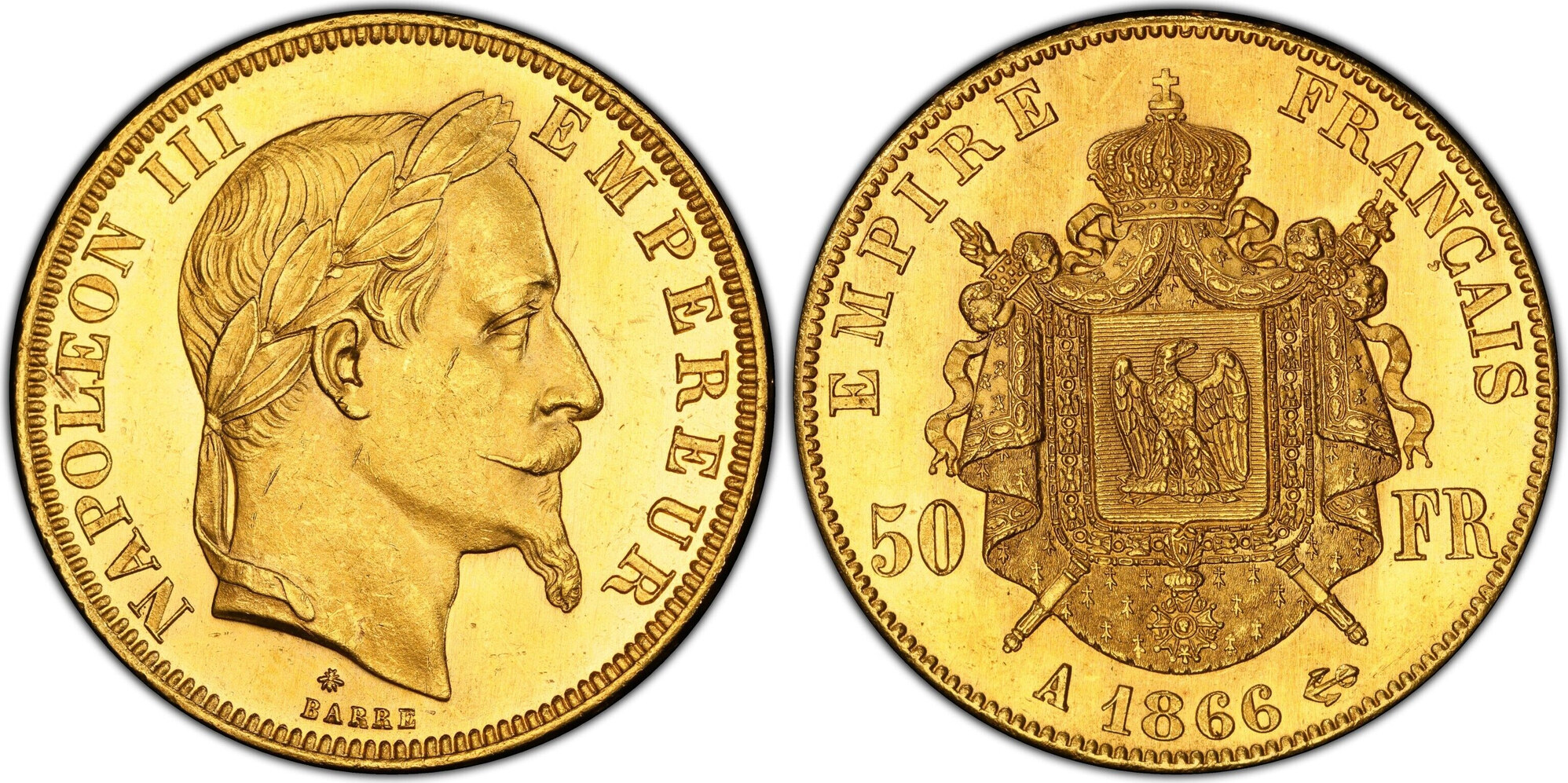 France 50 Francs 1866 Napoléon III or Tête laurée Paris PCGS MS64 Top Pop rare | MA-Shops