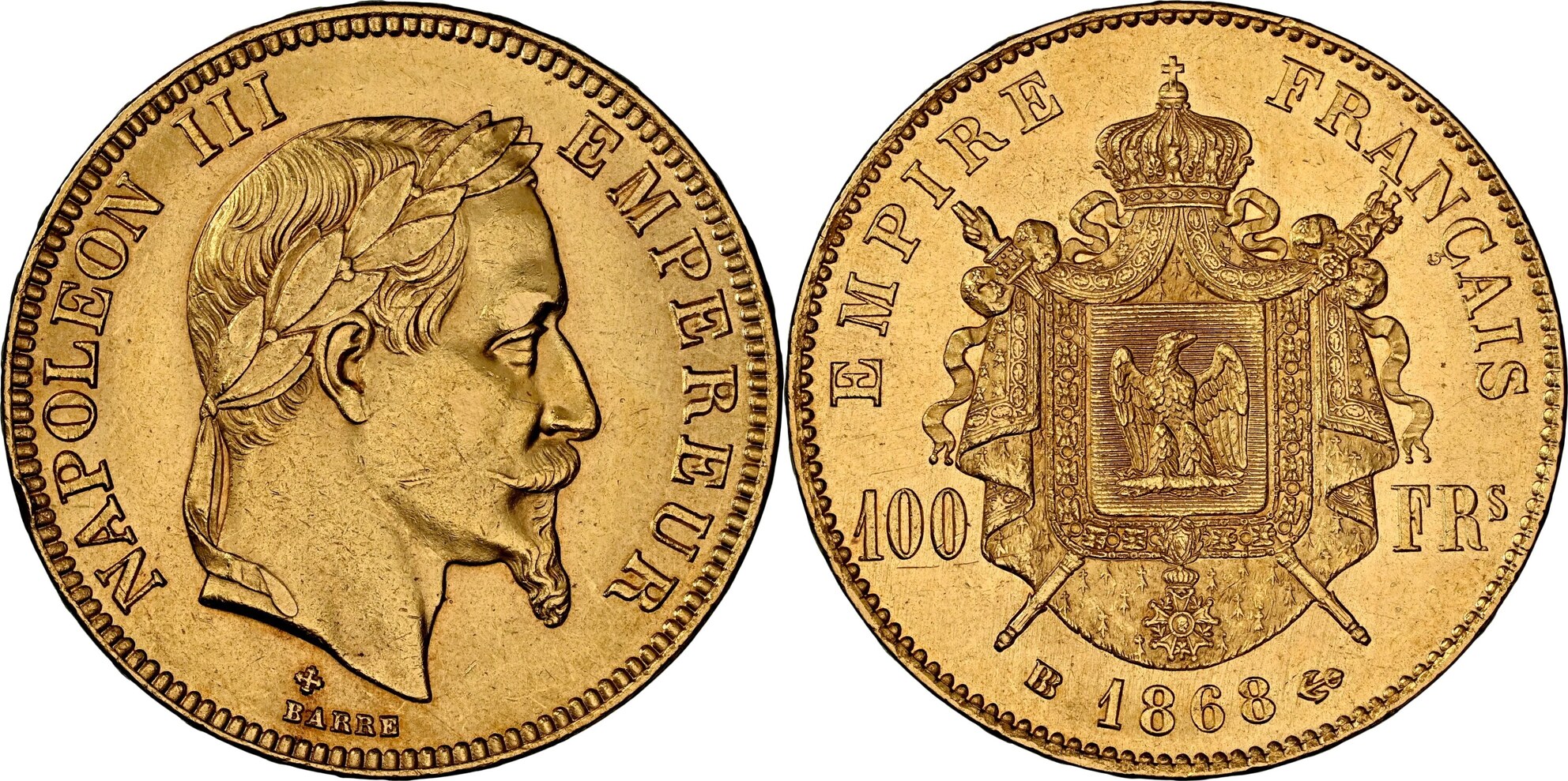 France 100 Francs 1868 Napoléon III or Strasbourg NGC MS62 Splendide très rare | MA-Shops