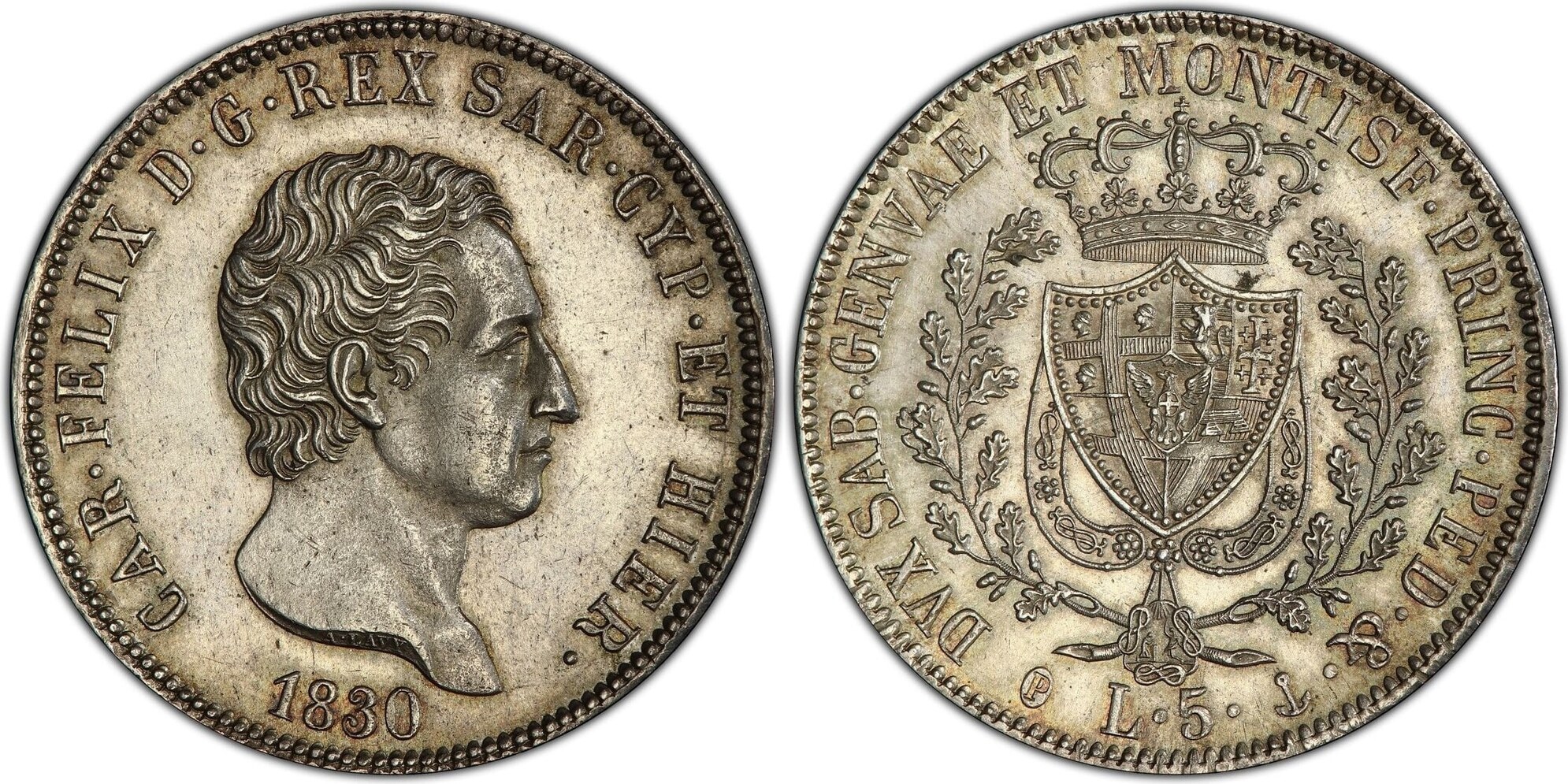 5 Lire 1830 ITALIA Sardinia Carlo Felice Anchor NGC MS63 Splendide rare ...