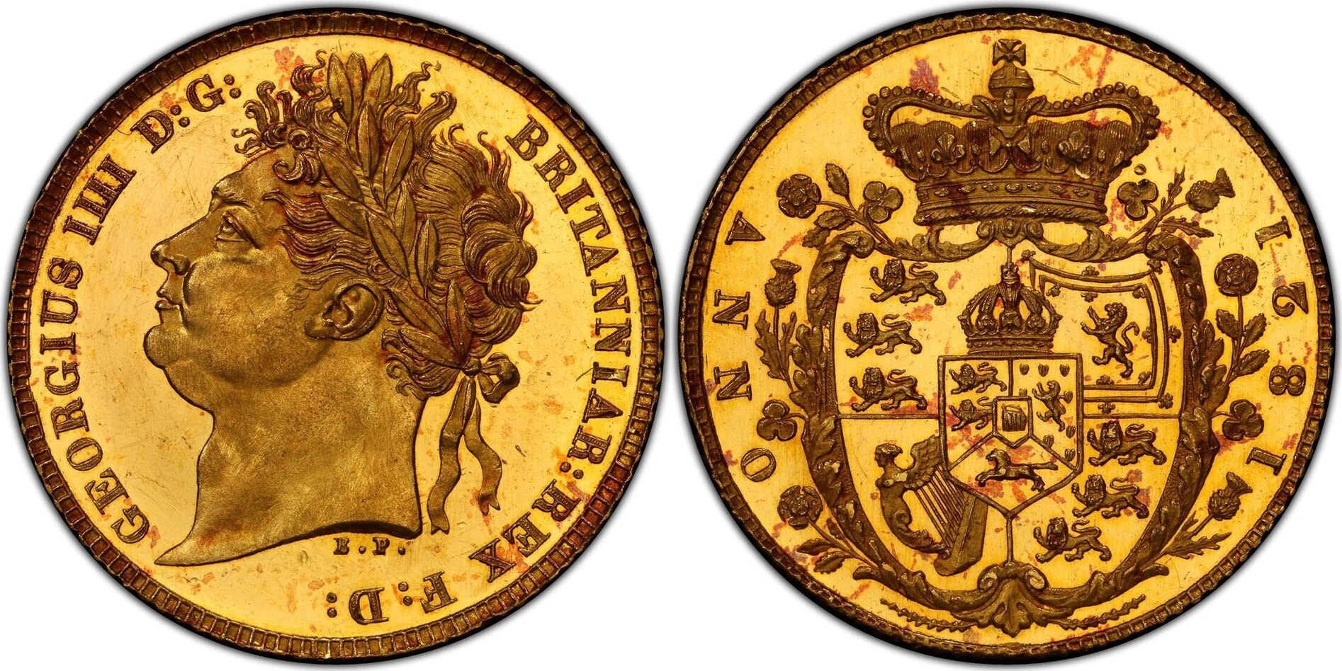 1/2 Sovereign George IV 1821 S-3802 WR-244 PCGS UNC Proof Flan bruni ...