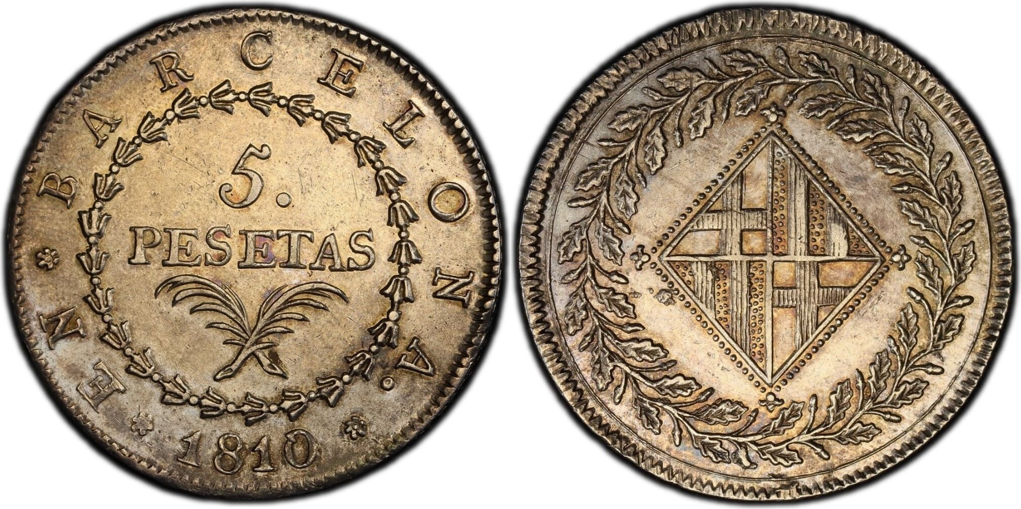 5 Pesetas 1810 Spain Barcelona Joseph Napoleon AU58 NGC EF rare | MA-Shops