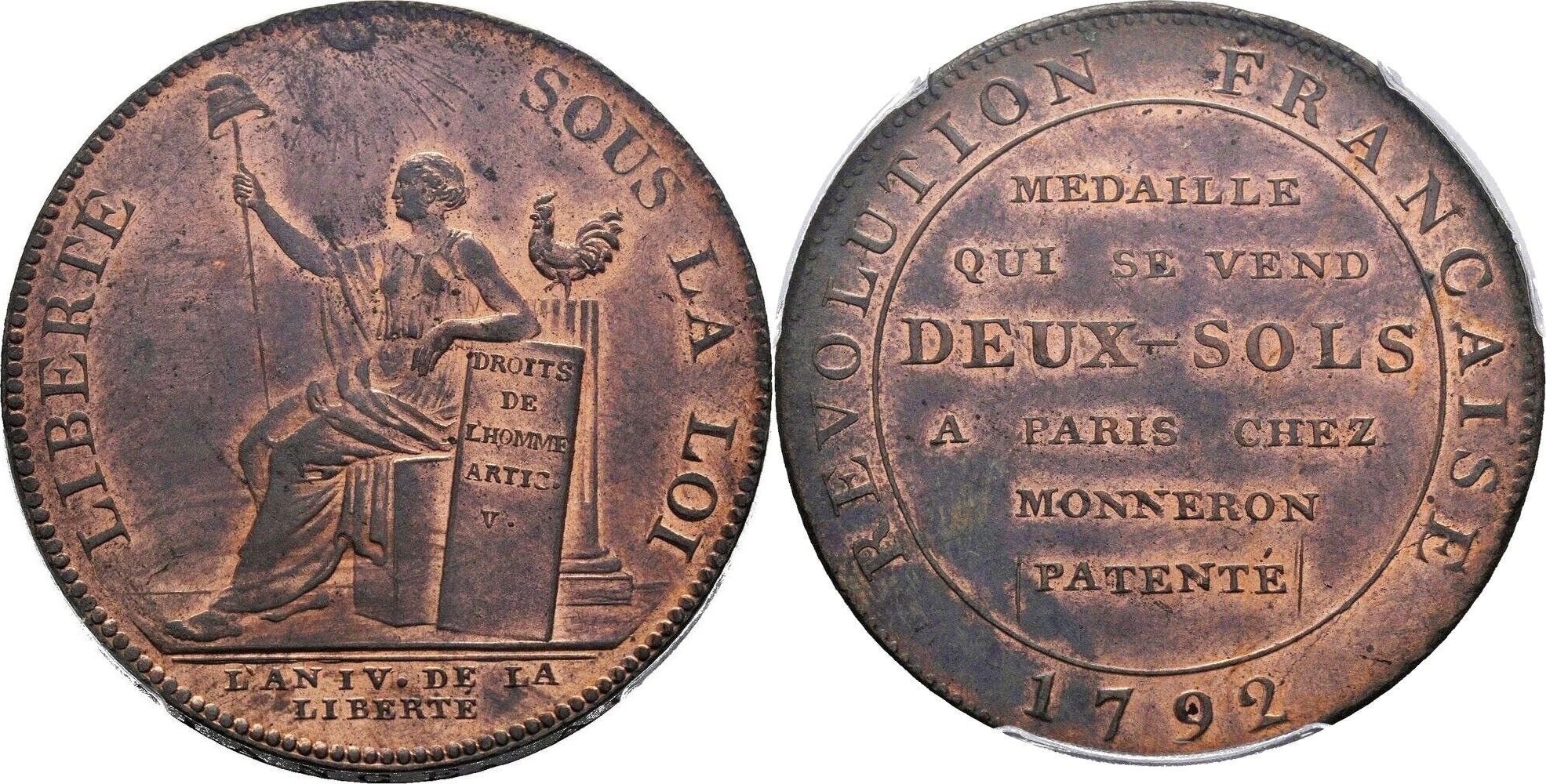 France 1792 Deux sols Monneron à la Liberté Flan bruni PROOF PCGS SP63 ...