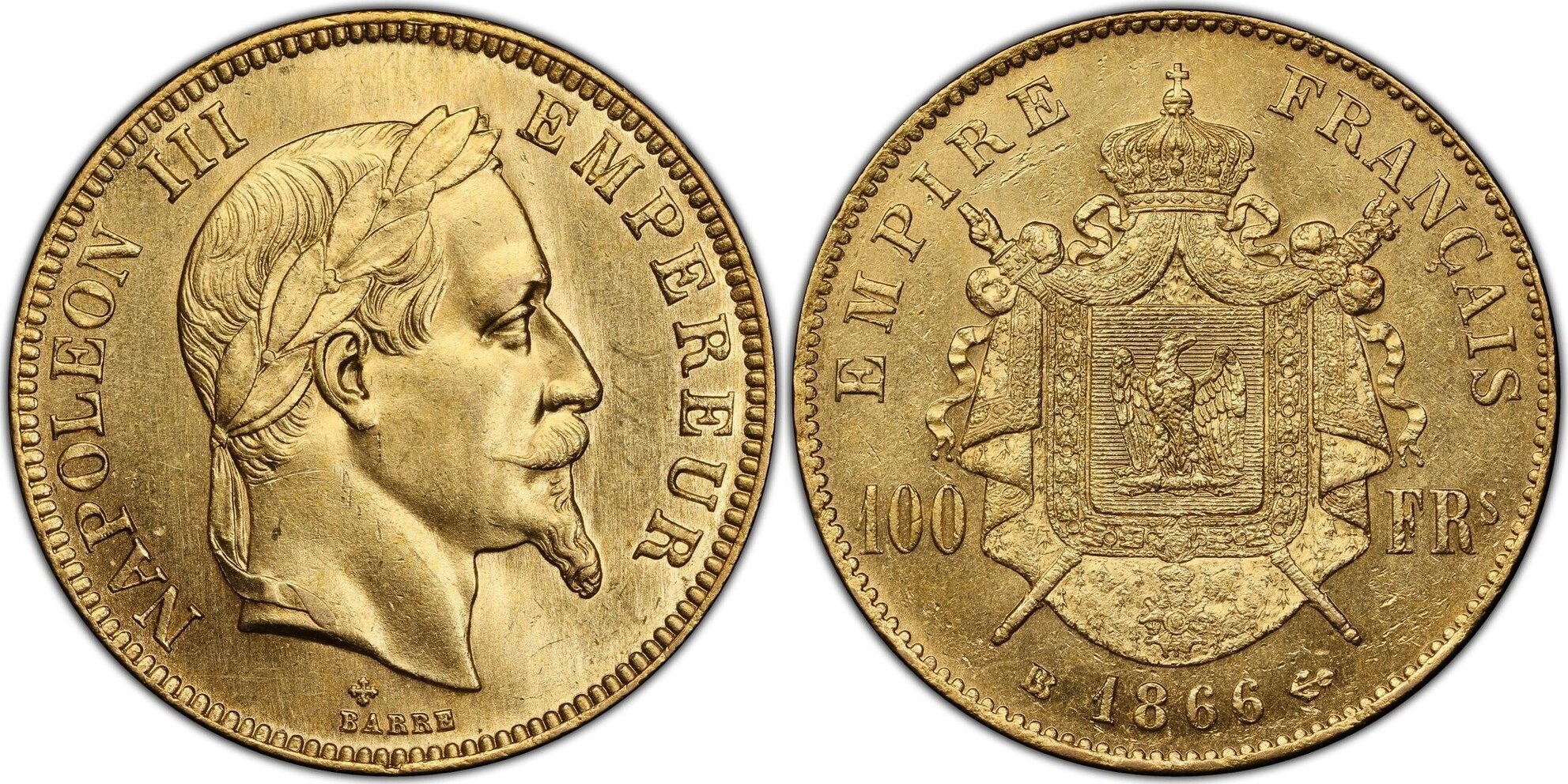 France 100 Francs 1866 Napoléon III or Tête laurée Strasbourg Splendide rare PCGS MS63 | MA-Shops