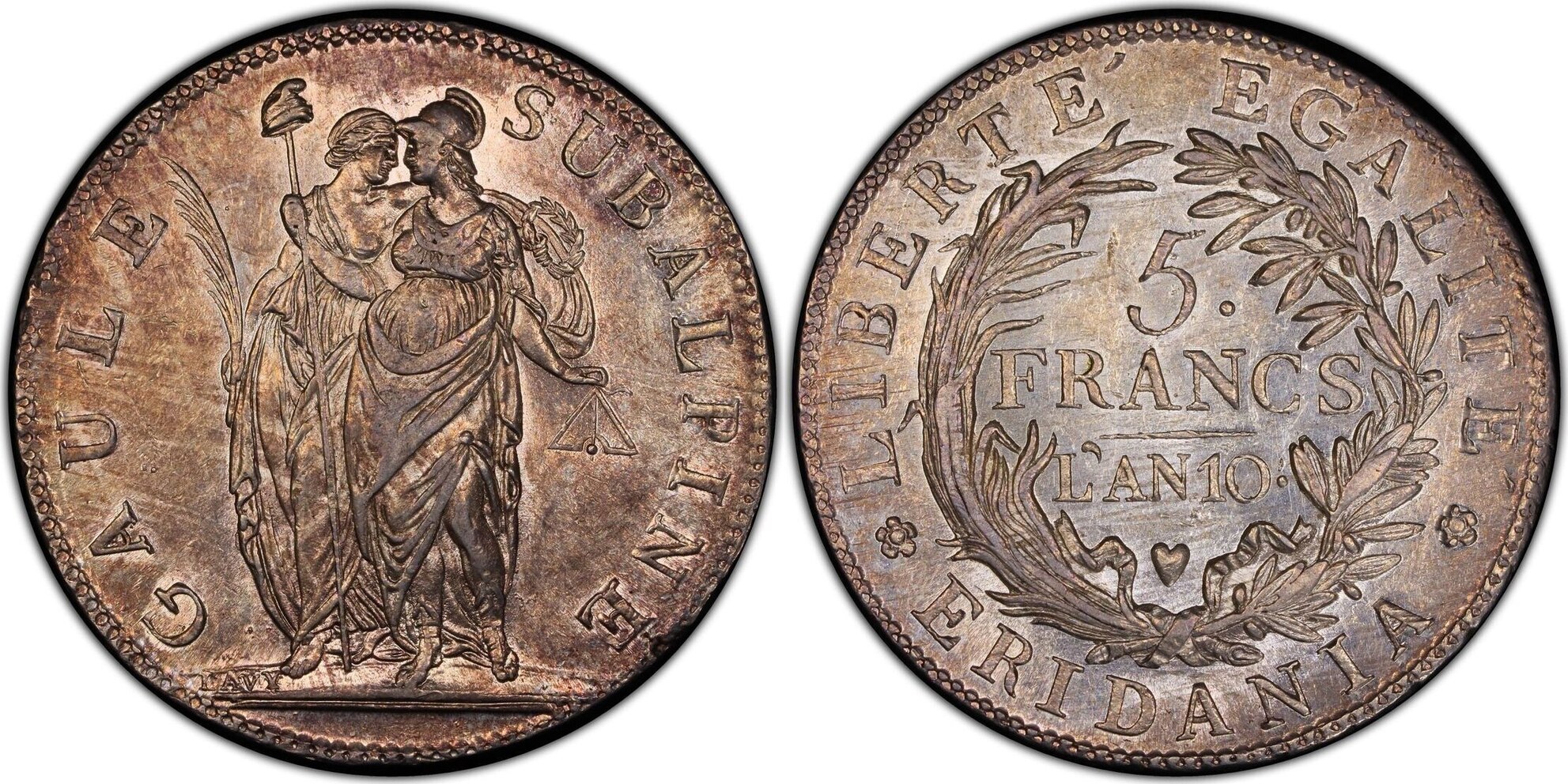 5 Francs 1801 Italy Piedmont Subalpine Republic An 10 PCGS MS62 ...