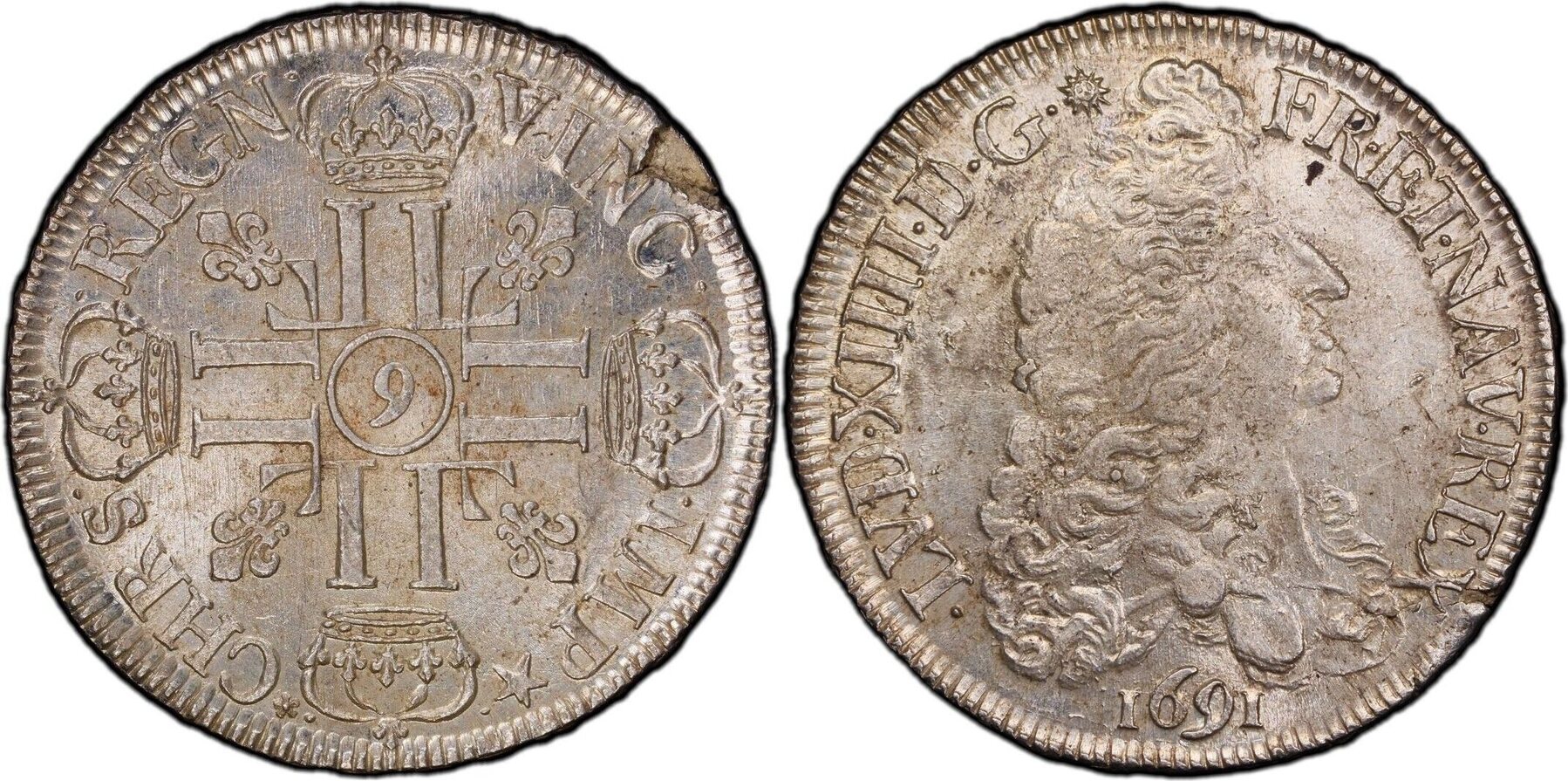 France 1691 Louis XIV Ecu aux Huit L Rennes Superbe exemplaire PCGS ...