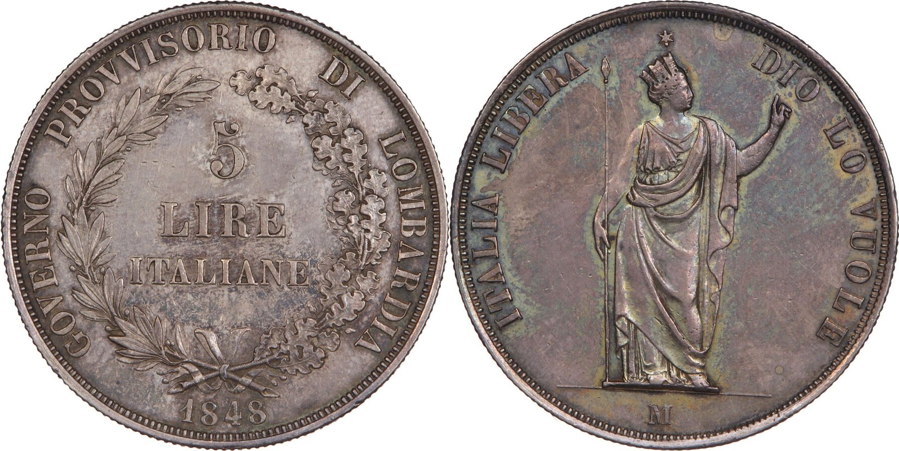 5 Lire 1848 Italy lombardy Milan Beautiful coin Toned EF | MA-Shops