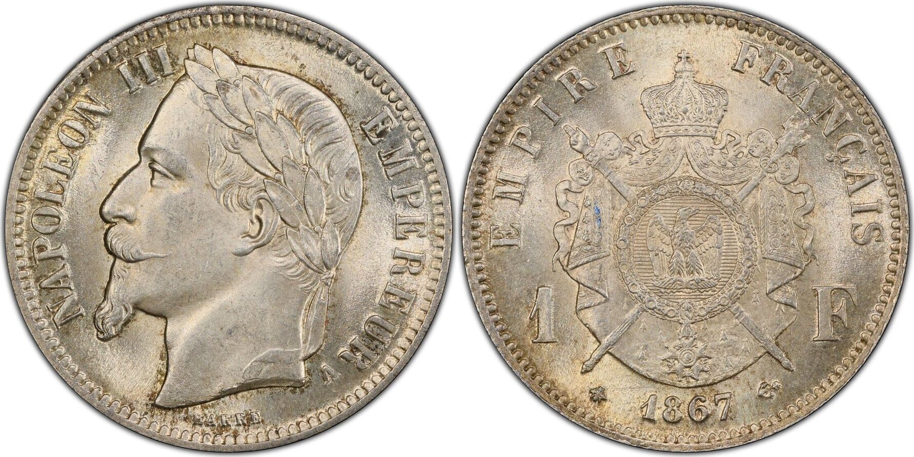 France 1 Franc 1867 Napoléon III Paris Fleur de coin PCGS MS65 de toute ...