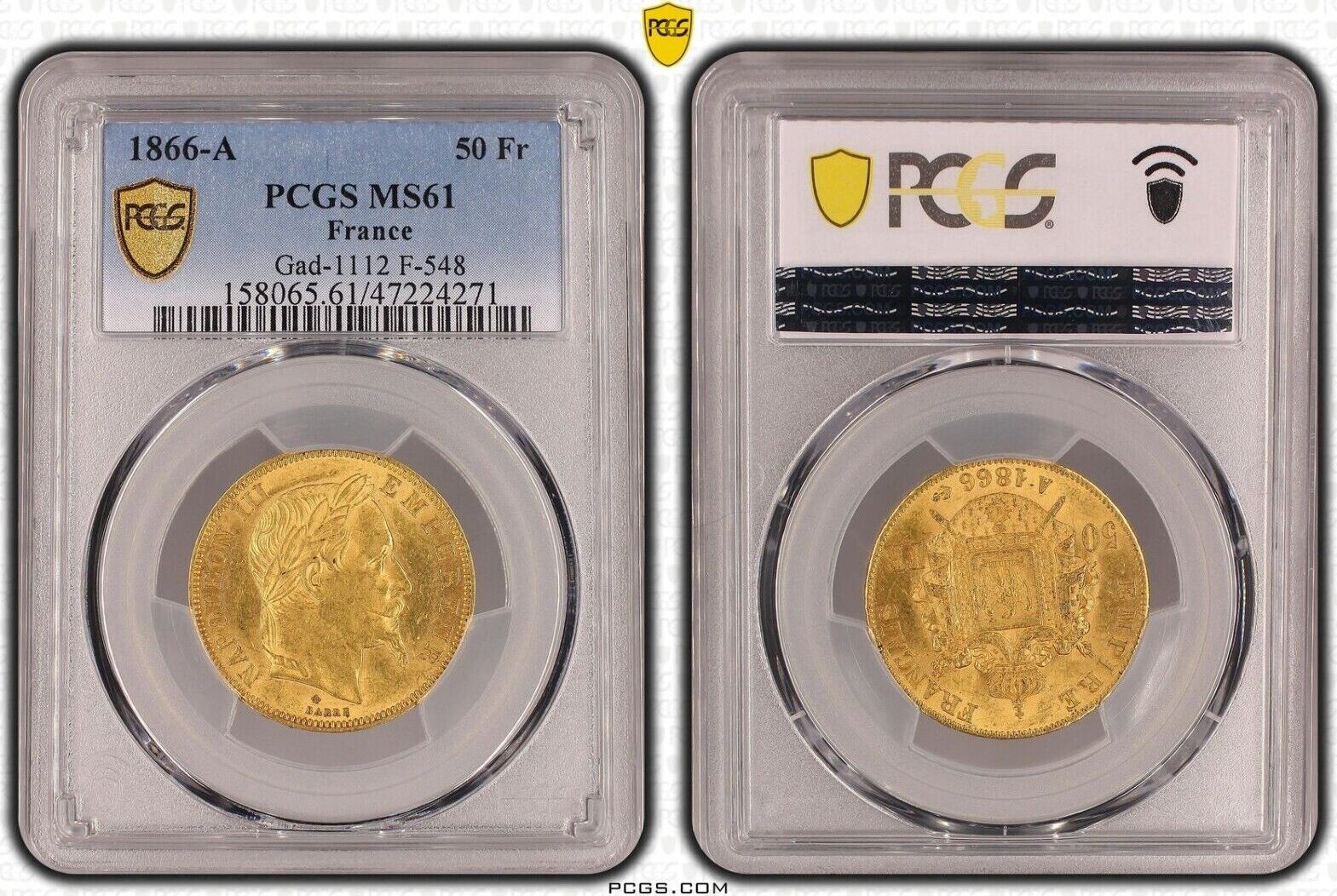 France 50 Francs 1866 Napoléon III or Paris Tête laurée Splendide PCGS MS61 | MA-Shops