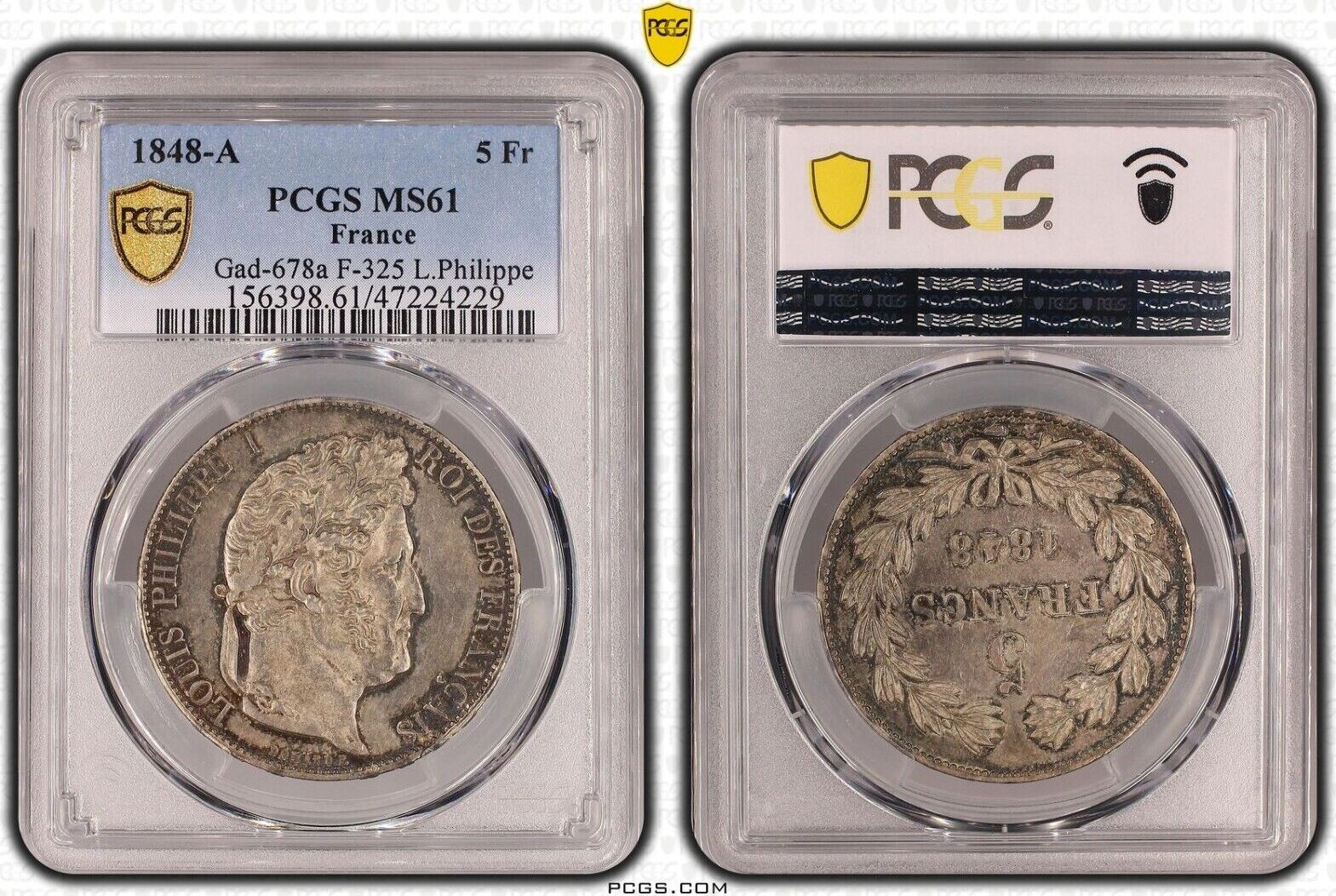 France 5 Francs 1848 Louis-Philippe Paris Splendide PCGS MS61 | MA-Shops