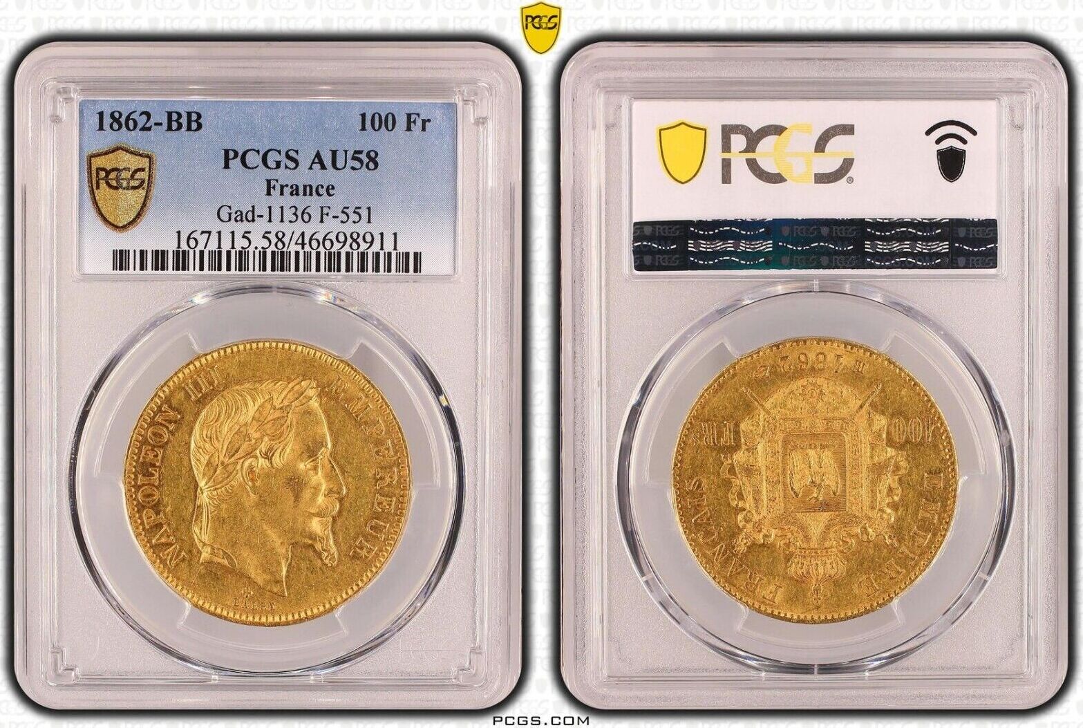 France 100 Francs 1862 Napoléon III or Tête laurée Strasbourg Superbe rare PCGS AU58 | MA-Shops