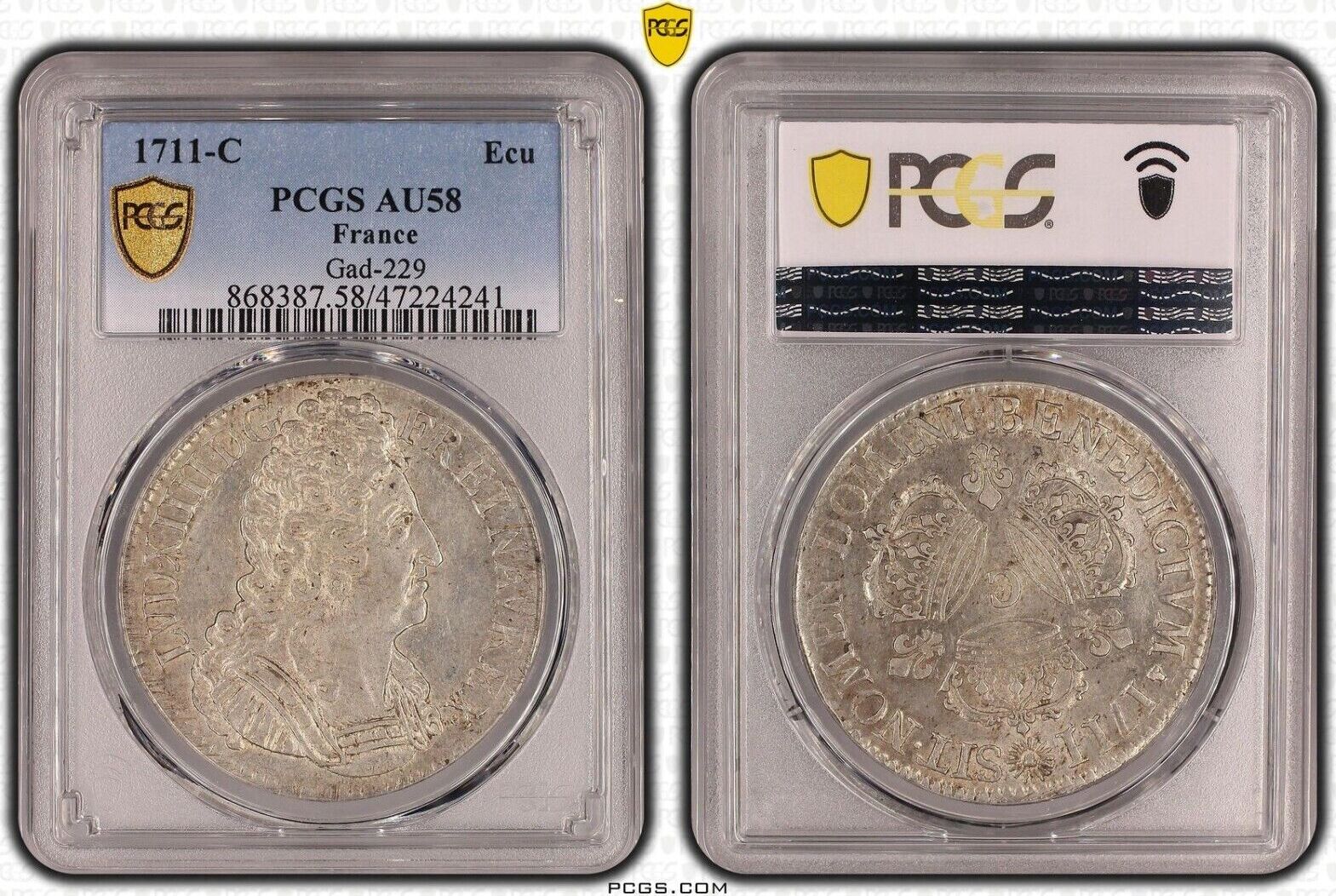 France 1711 Louis XIV écu aux trois couronnes Caen PCGS AU58 Superbe très rare Top Pop | MA-Shops