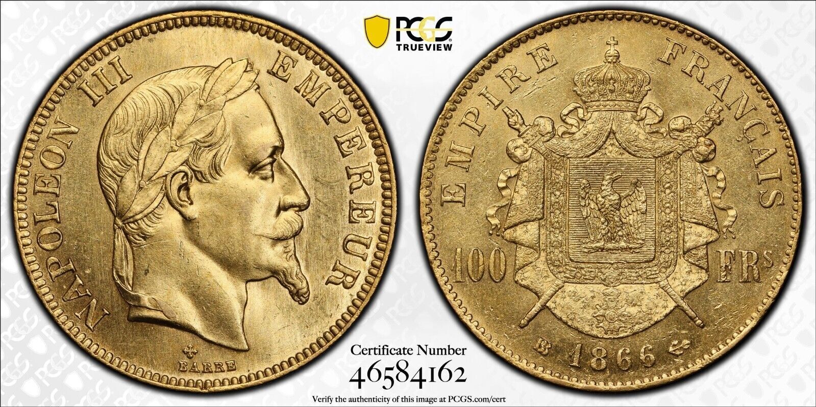 France 100 Francs 1866 Napoléon III or Tête laurée Strasbourg Splendide rare PCGS MS63 | MA-Shops