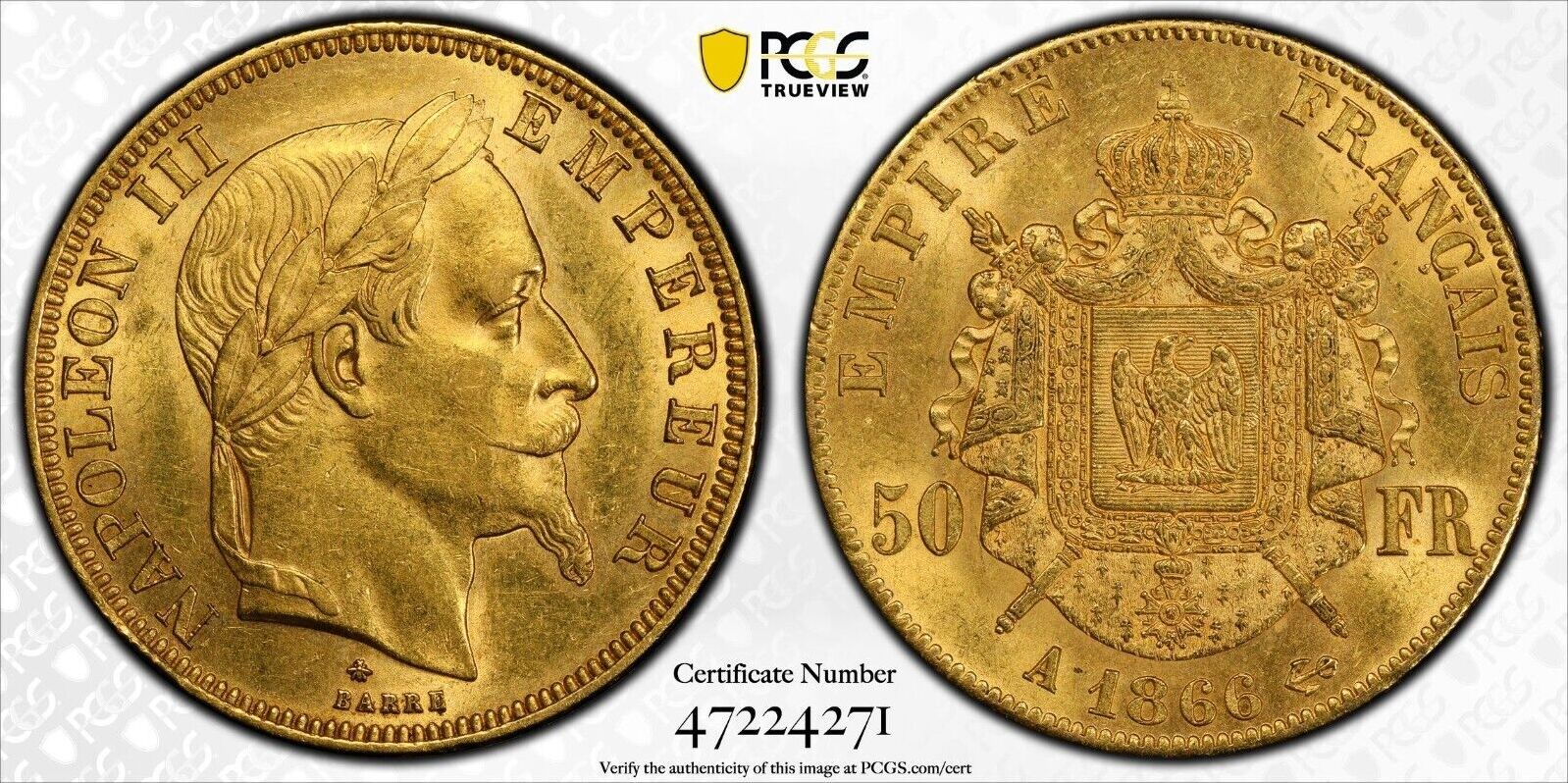 France 50 Francs 1866 Napoléon III or Paris Tête laurée Splendide PCGS MS61 | MA-Shops