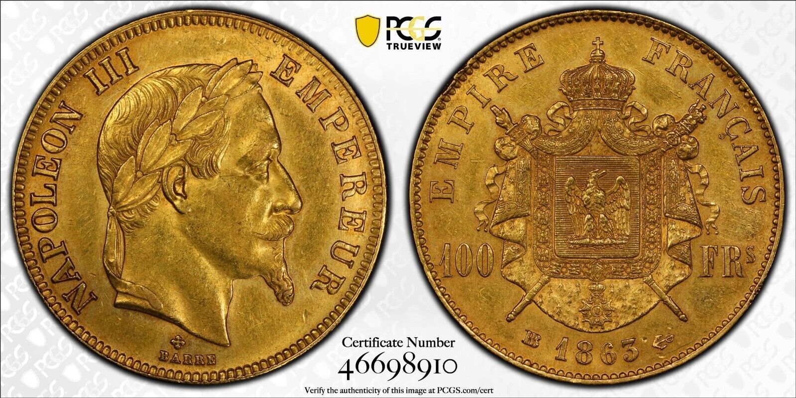 France 100 Francs 1863 Napoléon III or Tête laurée Strasbourg Superbe rare PCGS AU58 | MA-Shops