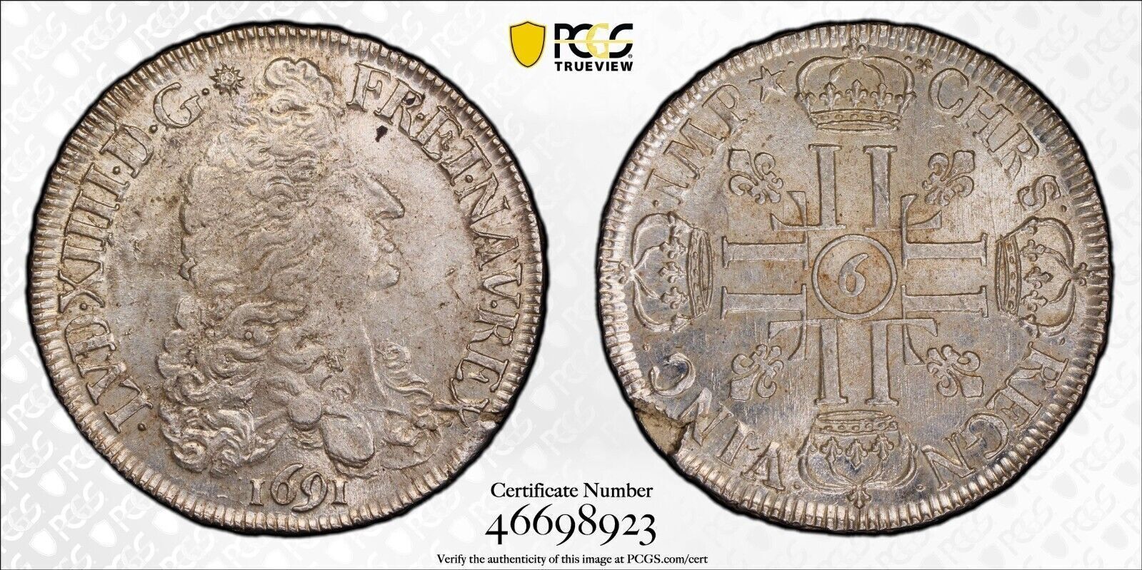 France 1691 Louis XIV Ecu aux Huit L Rennes Superbe exemplaire PCGS ...