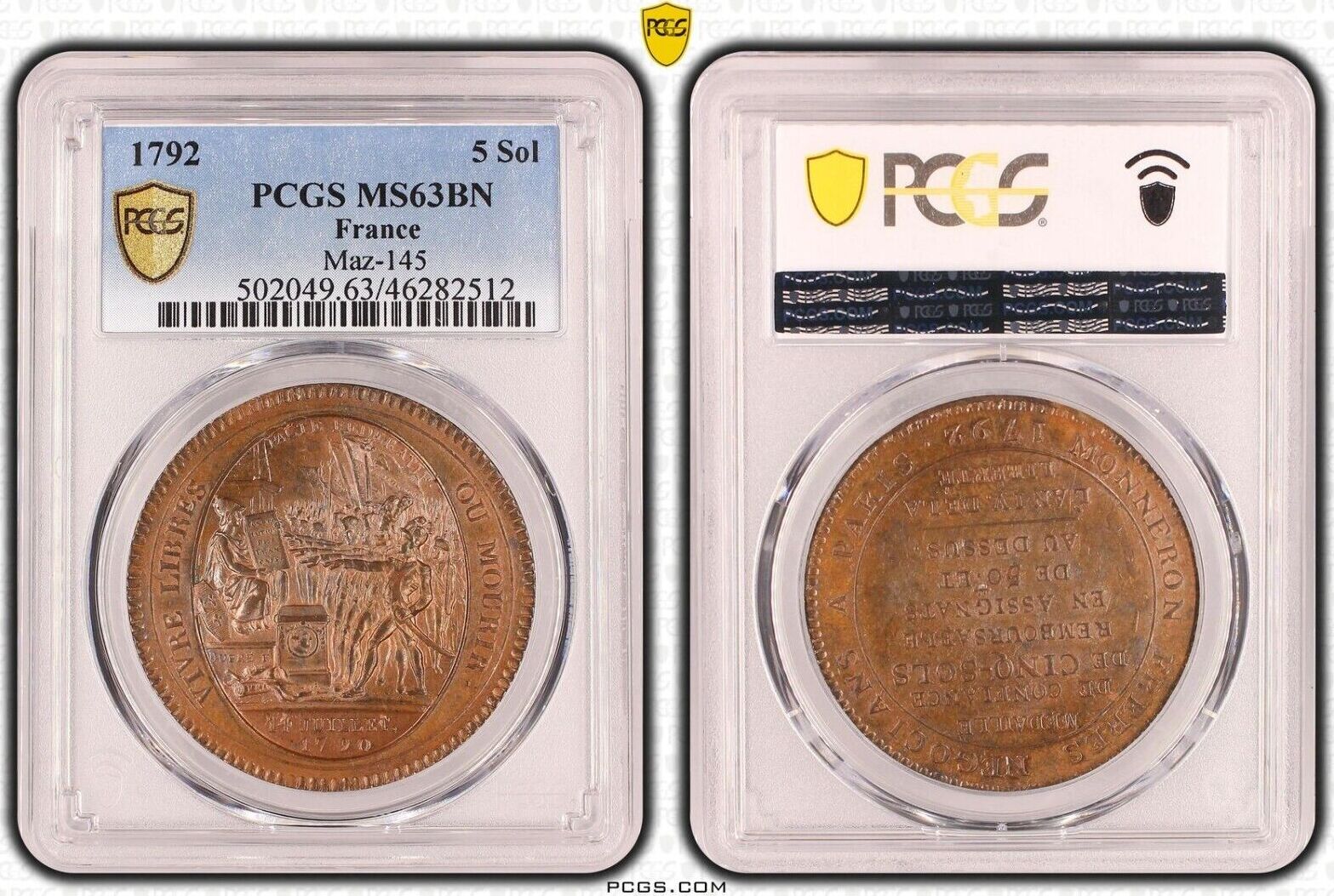 France 5 sols 1792 Monneron de au serment PCGS MS63 Splendide | MA-Shops
