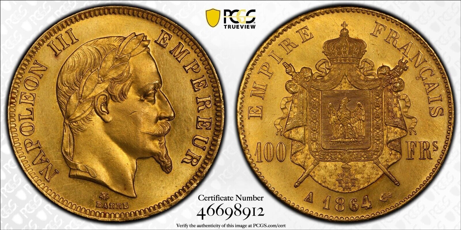 France 100 Francs 1864 Napoléon III or paris Splendide PCGS UNC très ...