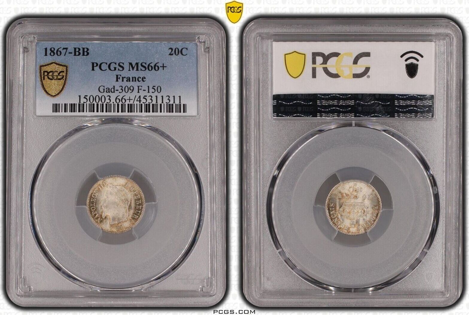 France 20 centimes 1867 BB Napoléon III PCGS MS66+ Fleur de Coin High ...
