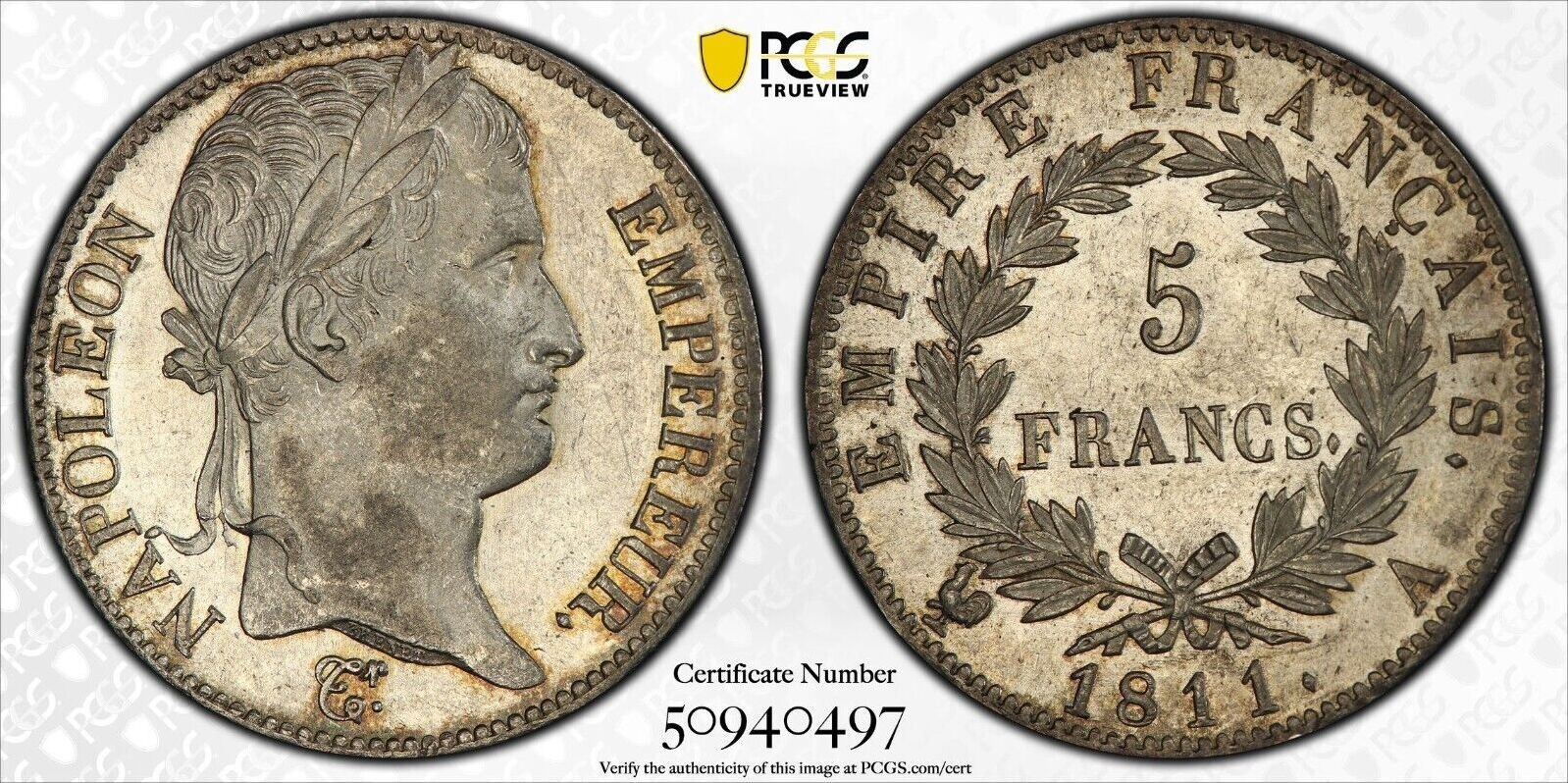 France 5 Francs 1811 Napoléon Empereur Paris PCGS MS62 Splendide à FDC effet camée | MA-Shops