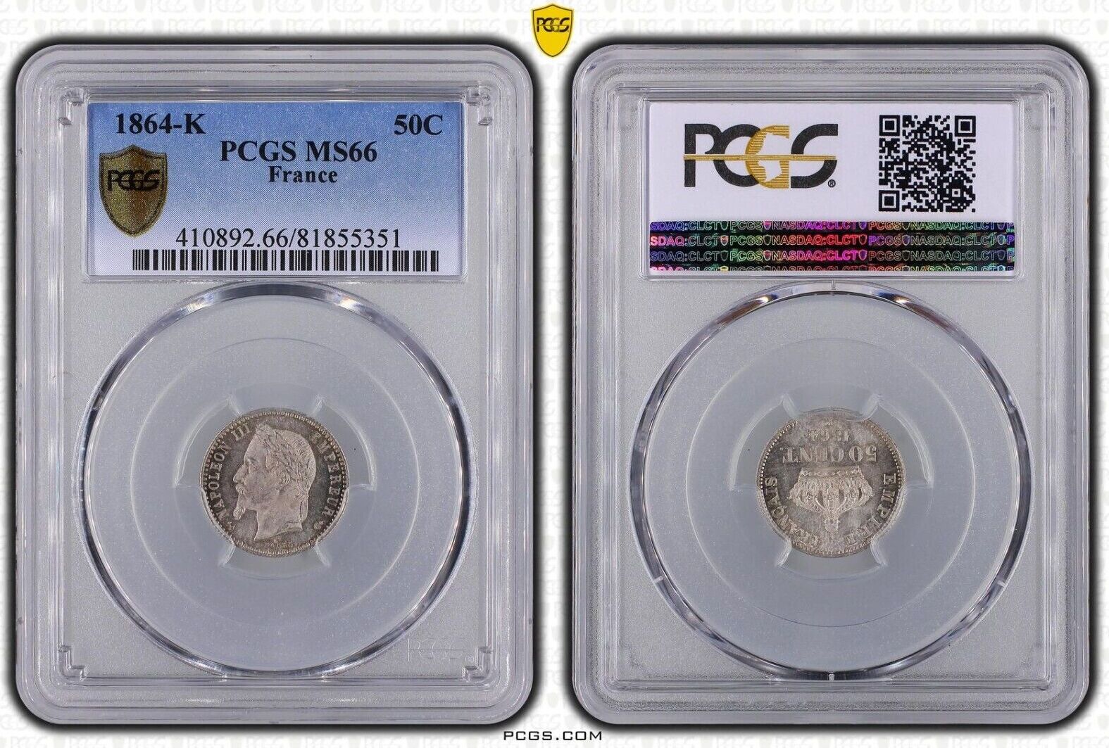 France 50 Centimes 1864 Napoléon III Bordeaux PCGS MS66 Fleur de coin ...