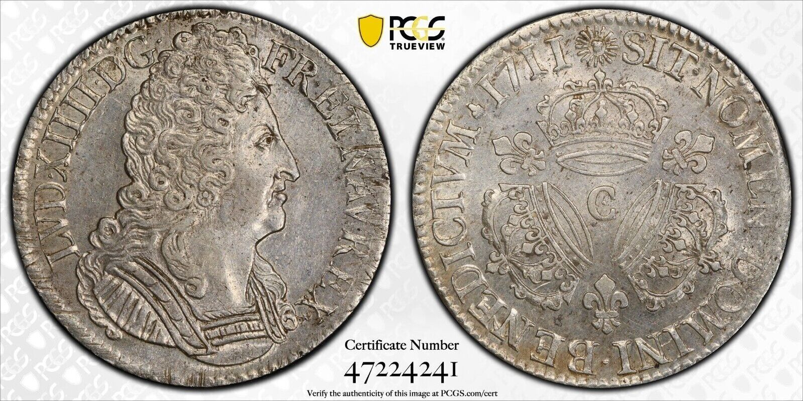 France 1711 Louis XIV écu aux trois couronnes Caen PCGS AU58 Superbe très rare Top Pop | MA-Shops