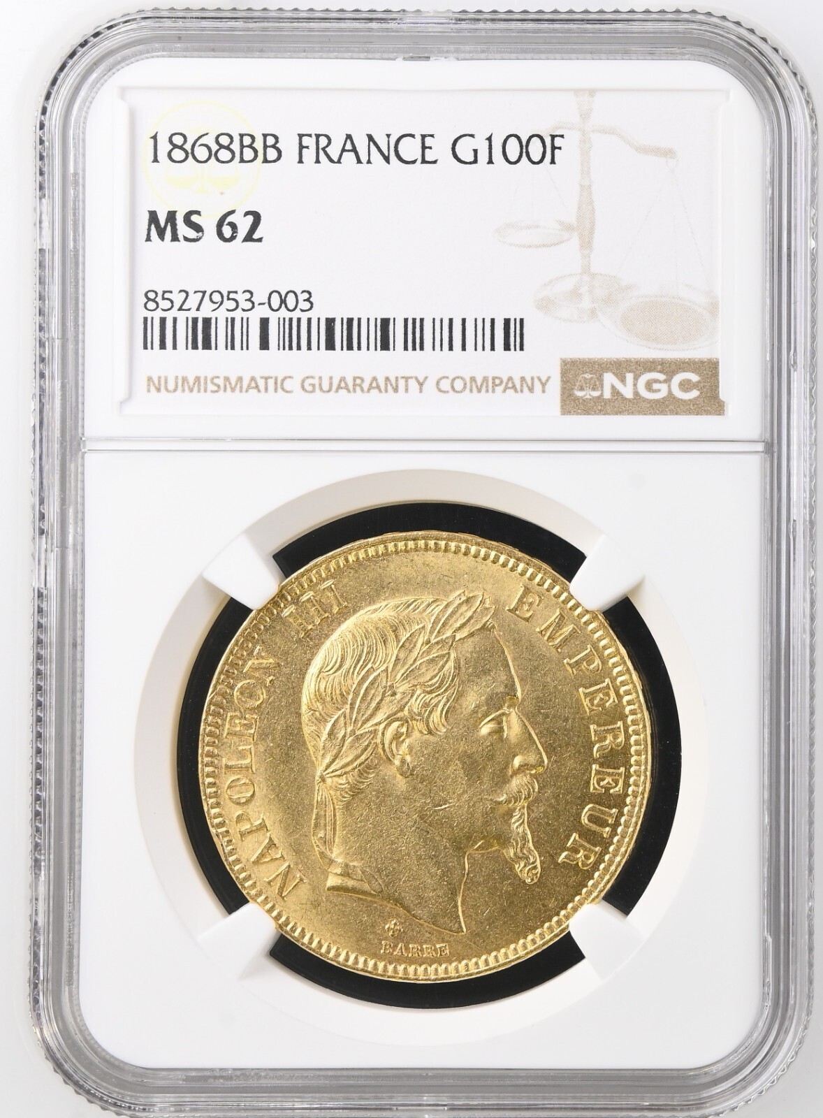 France 100 Francs 1868 Napoléon III or Strasbourg NGC MS62 Splendide très rare | MA-Shops