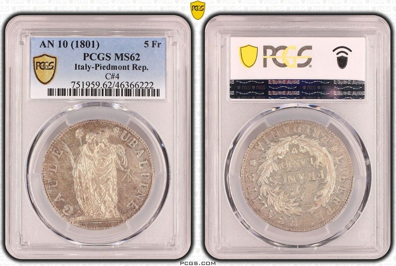 5 Francs 1801 Italy Piedmont Subalpine Republic An 10 PCGS MS62 ...