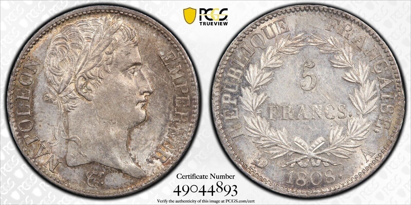 France 5 Francs 1808 Napoléon Empereur Paris Superbe PCGS AU58 | MA-Shops