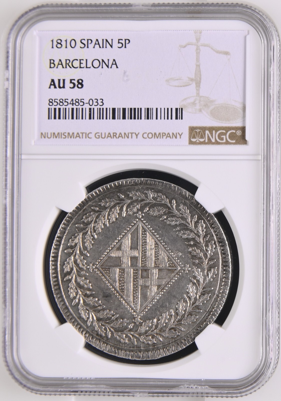 5 Pesetas 1810 Spain Barcelona Joseph Napoleon AU58 NGC EF rare | MA-Shops