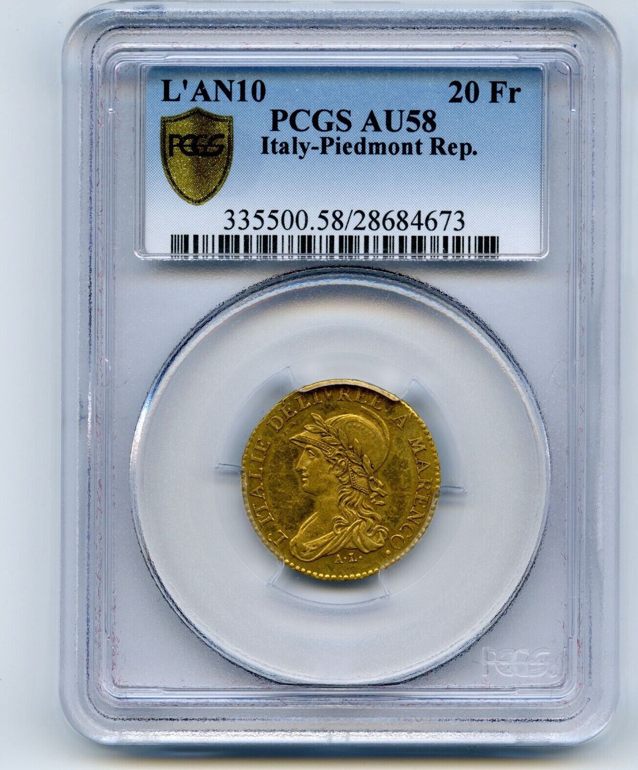 20 Francs Italy Gaule Subalpine or Marengo AN10 Turin Superbe PCGS AU58 ...