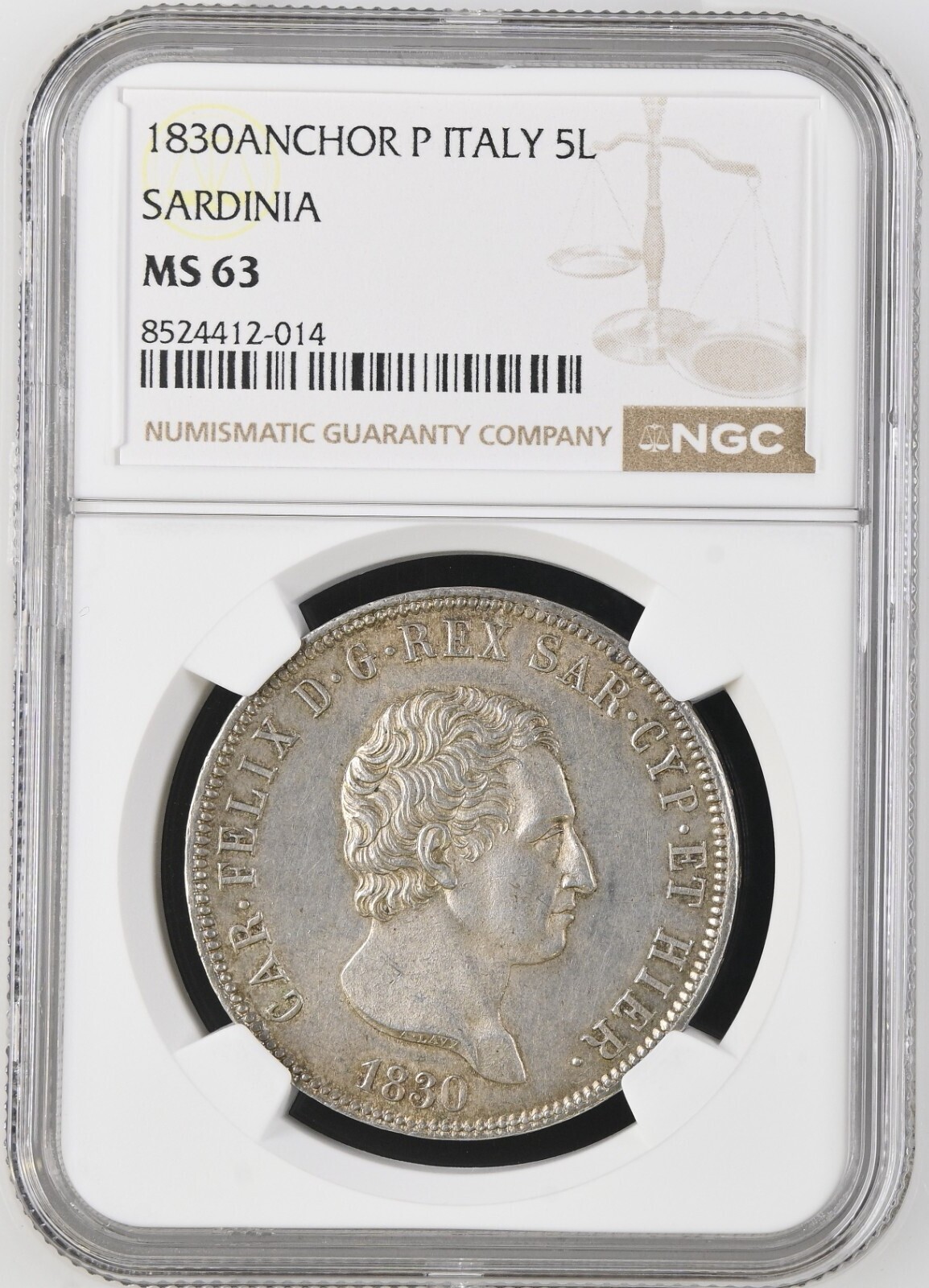 5 Lire 1830 ITALIA Sardinia Carlo Felice Anchor NGC MS63 Splendide rare ...