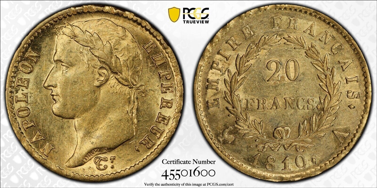 France 20 Francs 1810 Napoléon Empereur or Paris Superbe PCGS AU58 rare Qualité | MA-Shops