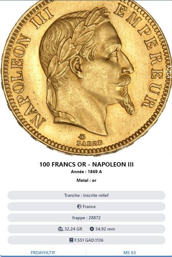 France 100 Francs 1869 Napoléon III or Tête laurée Paris GENI MS63 UNC ...