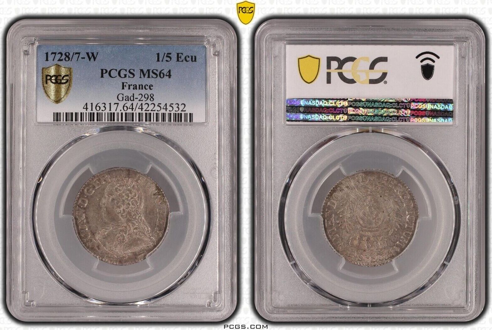 France Louis XV Cinquième d'écu 1728/7 Lille PCGS MS64 Top Pop Fleur de coin | MA-Shops