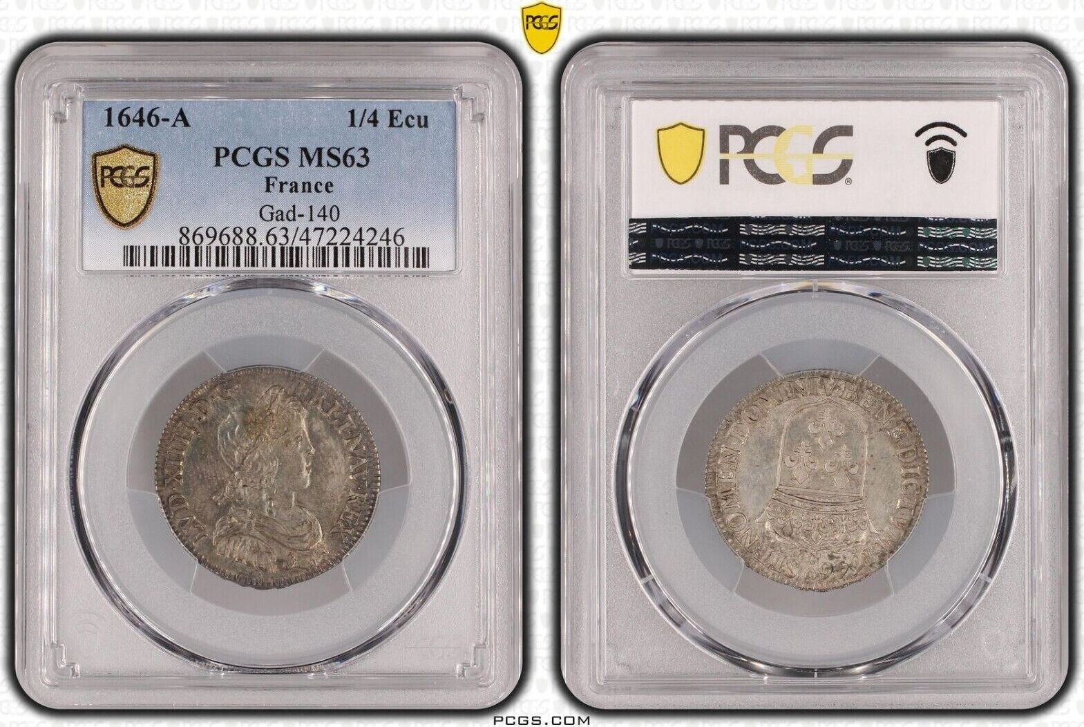 France Quart d'écu 1646 Louis XIV à la mèche longue Paris SPL à FDC ...