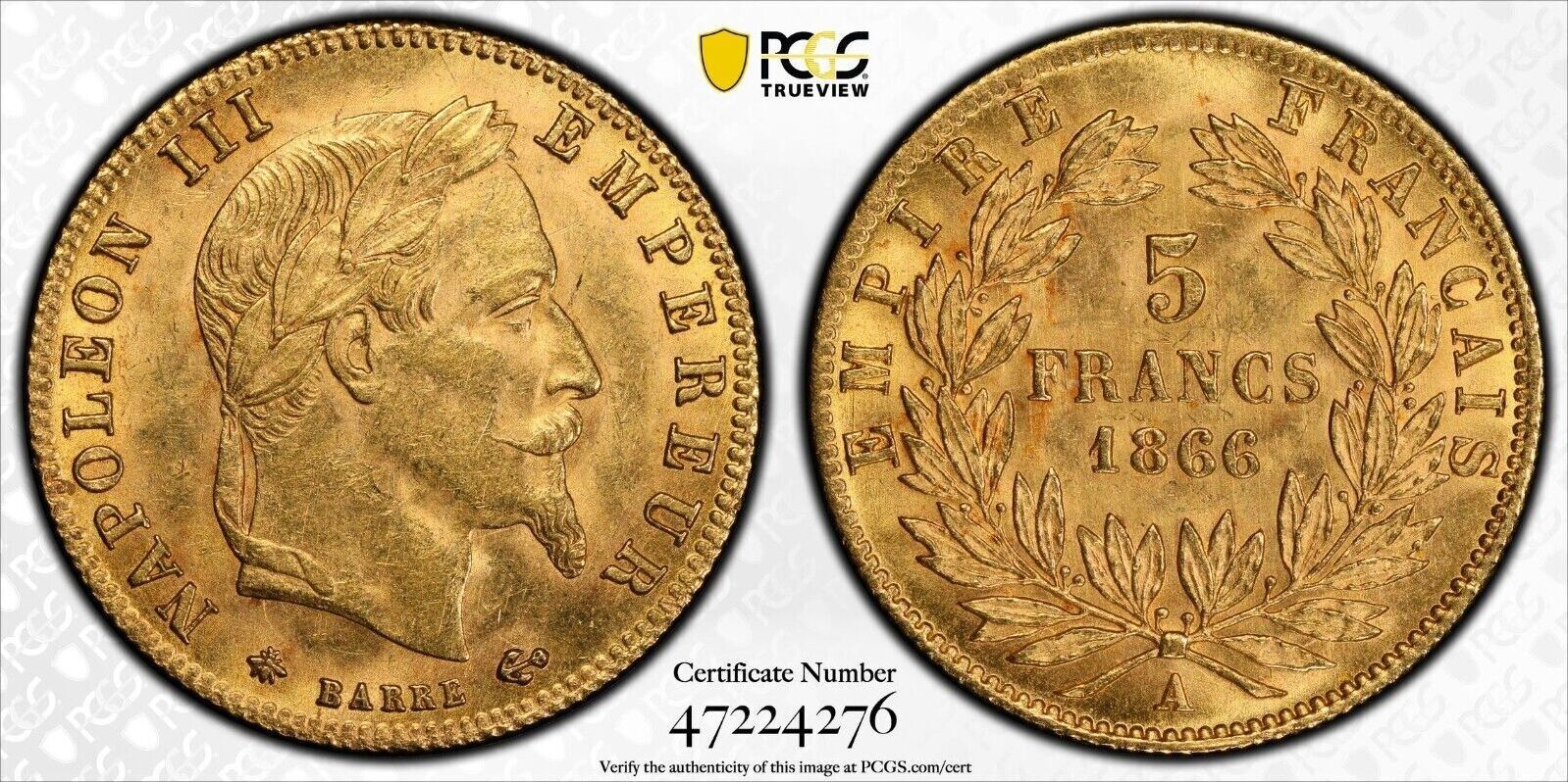 France 5 Francs 1866 Napoléon III or Paris PCGS MS61 Superbe Qualité | MA-Shops
