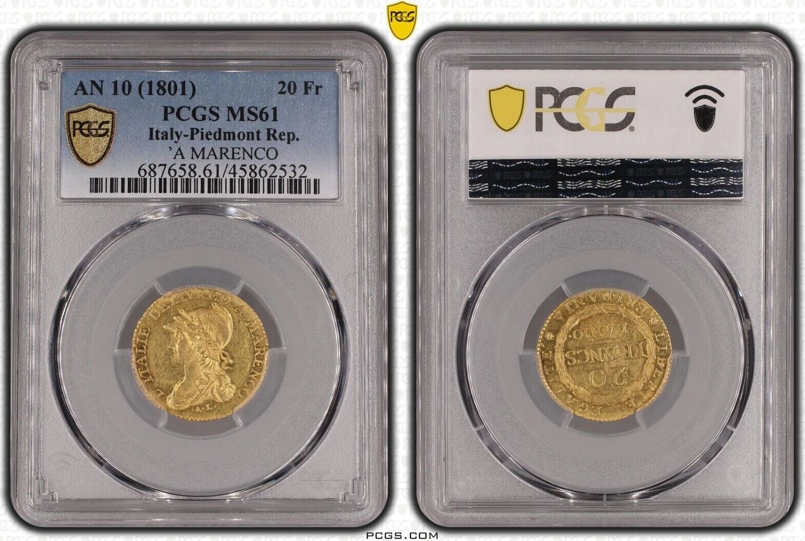 20 Francs Italy Gaule Subalpine or Marengo AN10 Turin Superbe PCGS MS61 ...