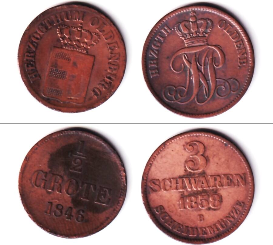 Altdeutschland 1/2 Grote Lot: Oldenburg 2x Kleinmünzen Grote + Schwaren ...