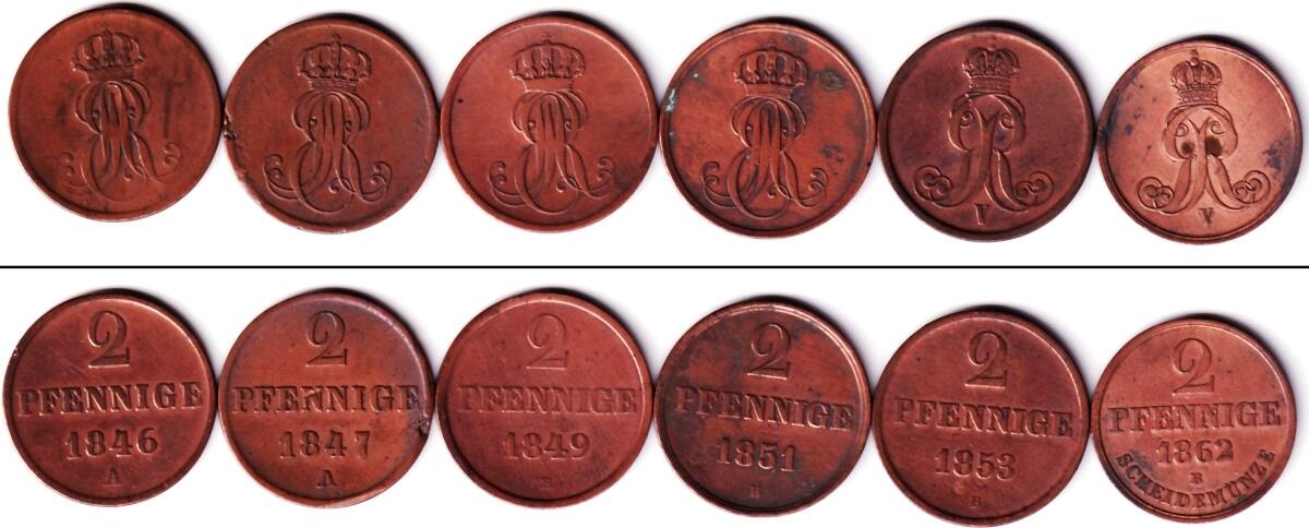 Lot: Hannover 6x 2 Pfennige s-ss [1846-1862] | MA-Shops