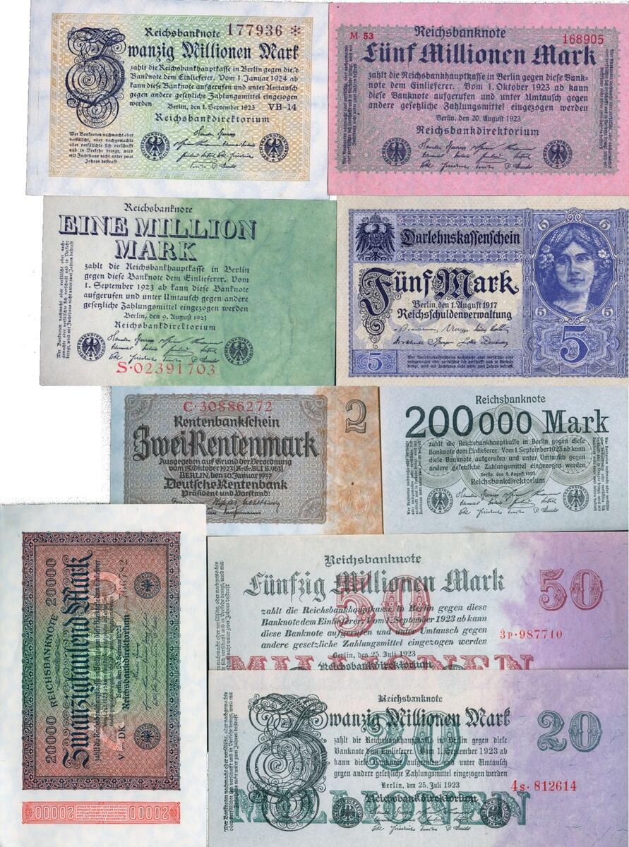 Banknoten 2 Mark Lot: Deutsche Reichsbank 9x Banknote I- [1914-1937 ...