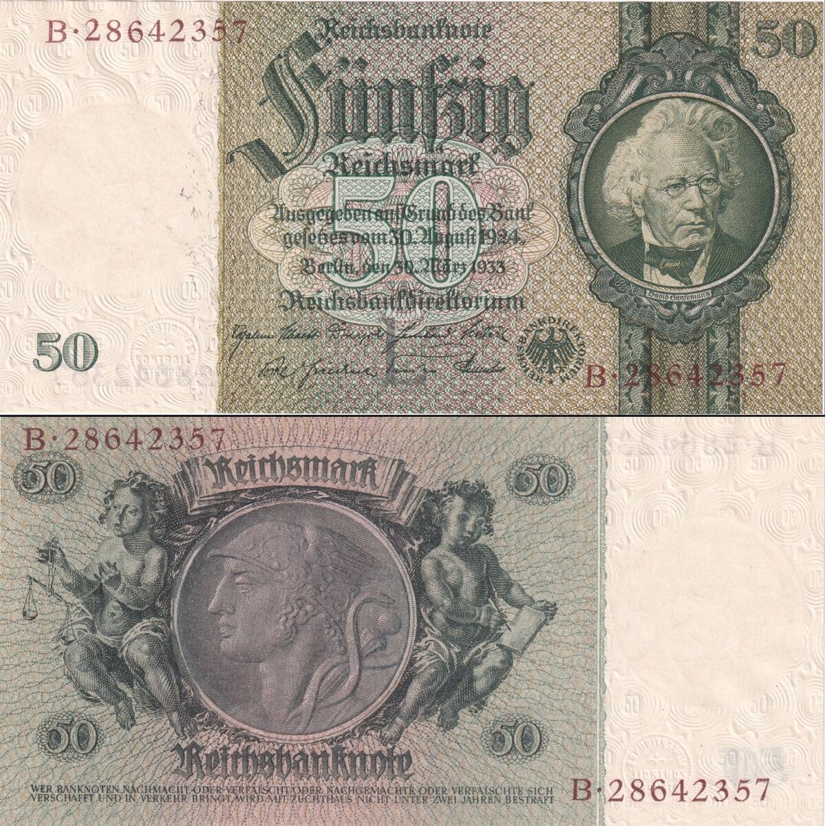 Deutsches Reich (bis 1945) 50 REICHSMARK 1933 Ro.175cF Zwischenform I ...