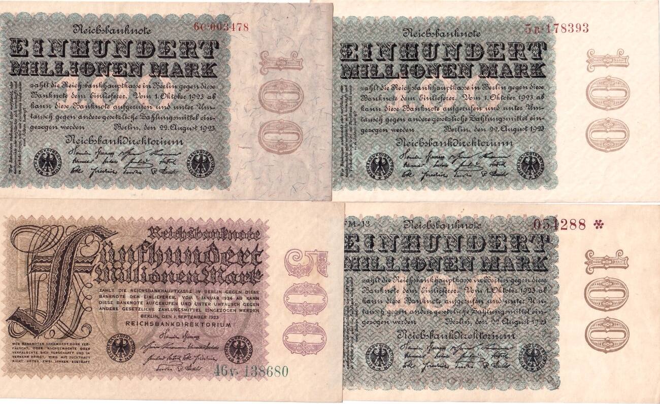 Banknoten 100 Millionen Mark Lot: Deutsche Reichsbank 4x Banknote ...
