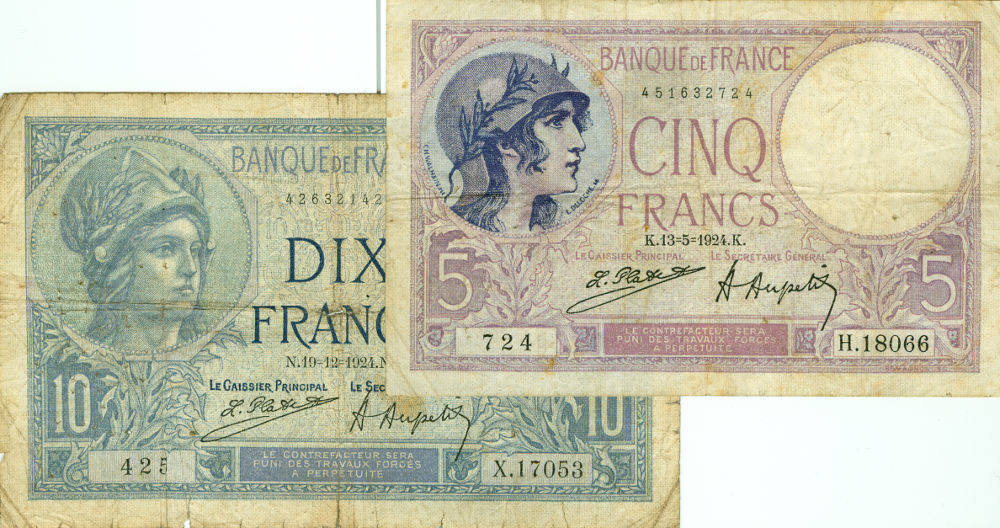 Banknoten 5 Francs Lot: FRANKREICH 2x Banknote 5 + 10 Francs 1924 III ...