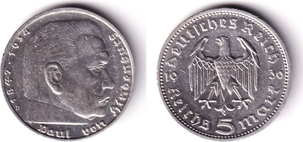 Drittes Reich 5 Mark DEUTSCHES REICH 5 Reichsmark 1936 D (J.360) ss+ ...