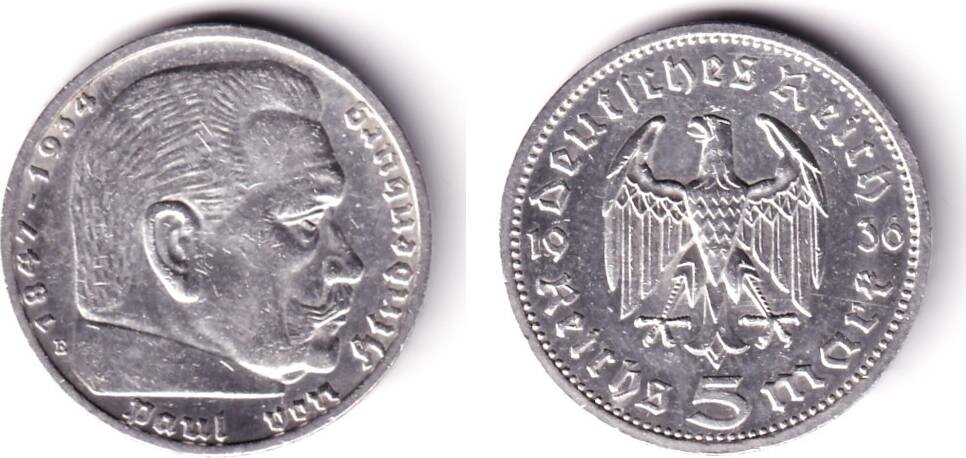 Drittes Reich 5 Mark DEUTSCHES REICH 5 Reichsmark 1936 E (J.360) ss-vz ...
