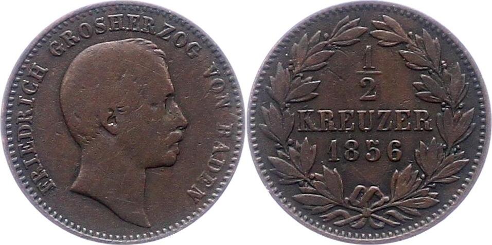 Baden-Durlach 1/2 Kreuzer 1856 Friedrich I. 1852-1907. VF- | MA-Shops