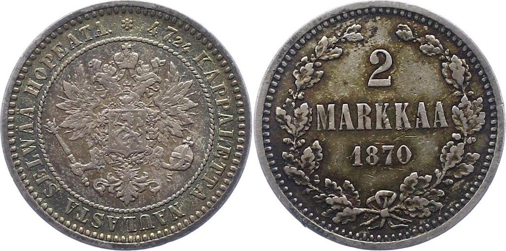 Finnland 2 Markkaa 1870 Alexander II. von Rußland 1855-1881. VF | MA-Shops