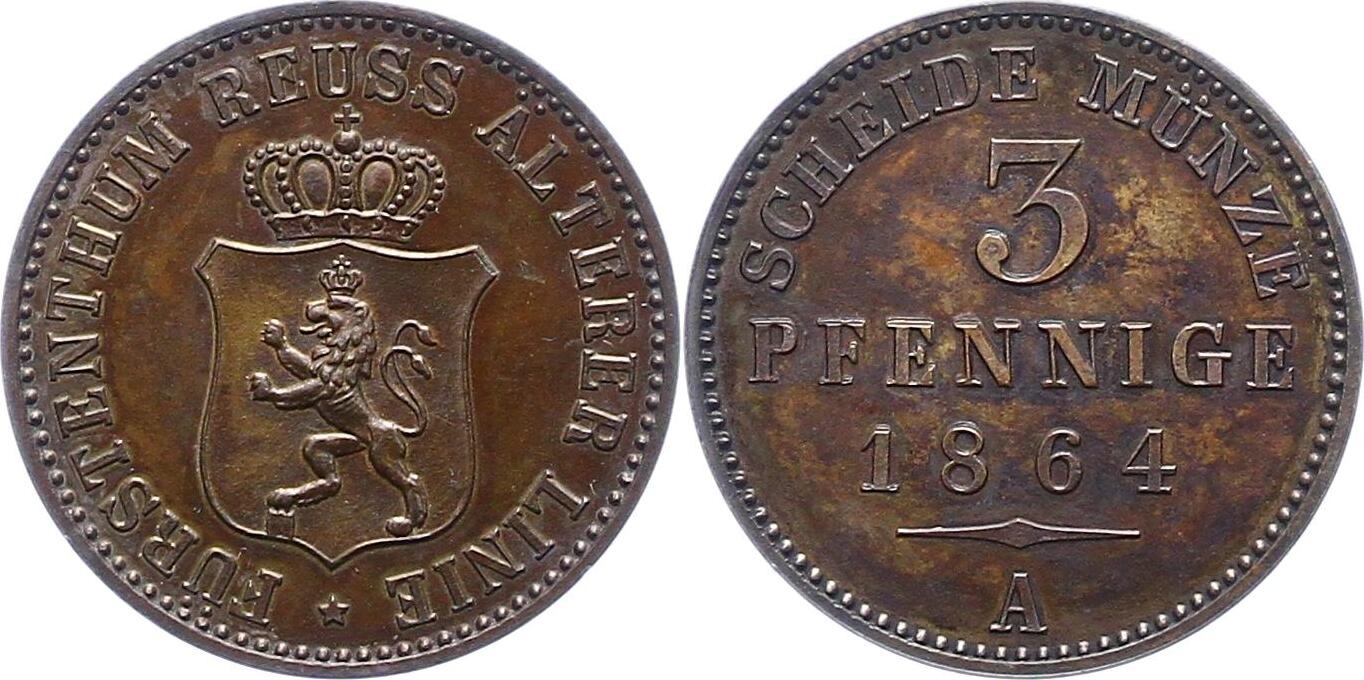 Reuss-ältere Linie 3 Pfennig 1864 Heinrich XXII. 1859-1902. PR AU-58 ...