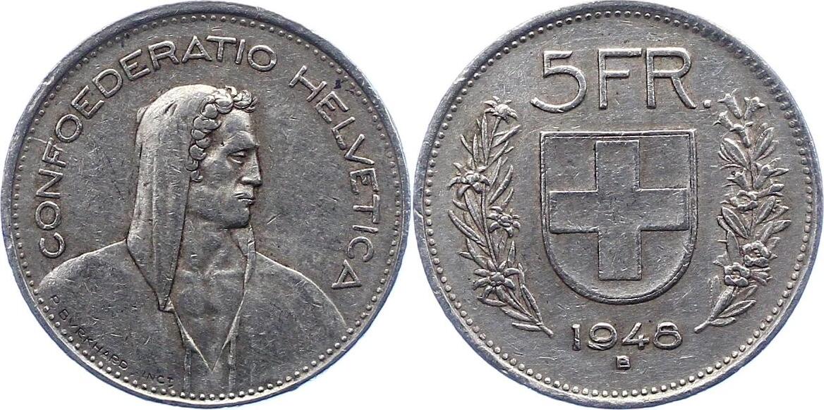 Schweiz-Eidgenossenschaft 5 Franken 1948 B VF | MA-Shops